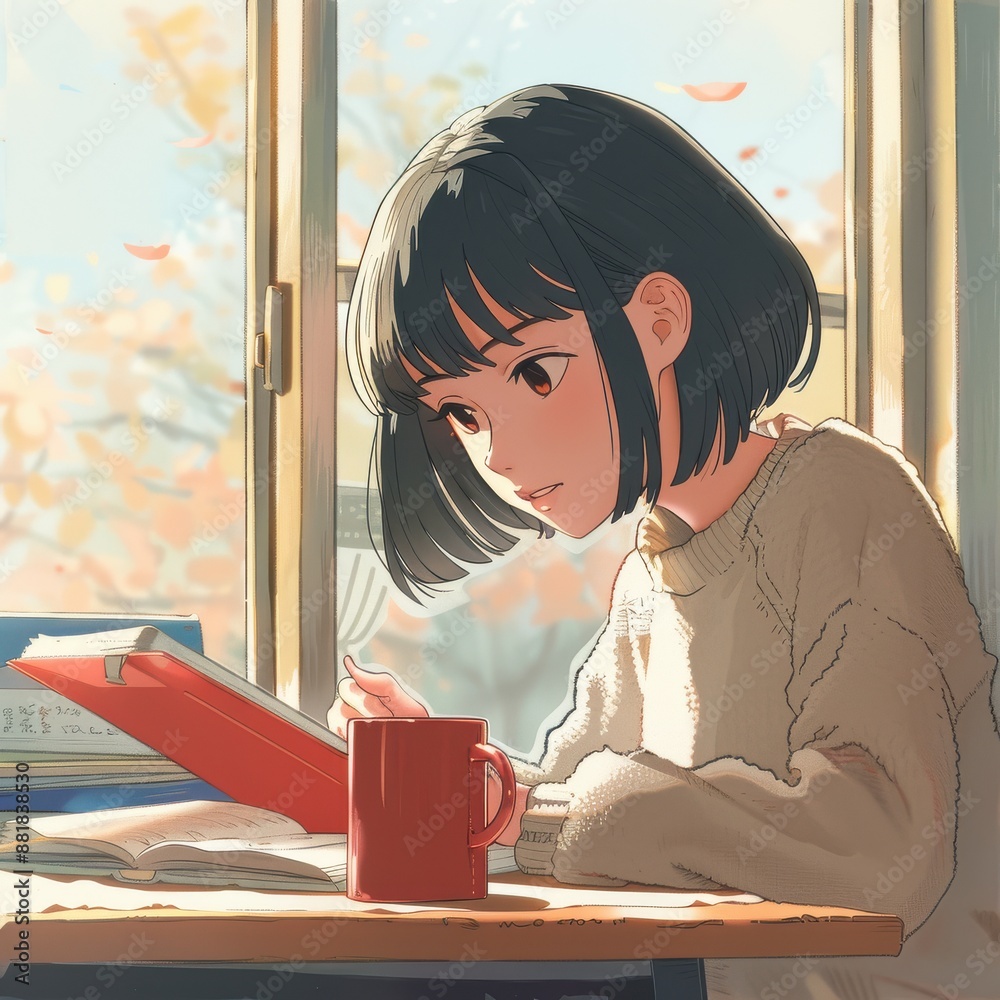 Japanese animation style. A beautiful and pretty girl sitting on a ...