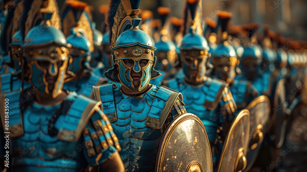 Cinematic photo of the Roman army wearing blue armor and helmets with golden accents, holding ...