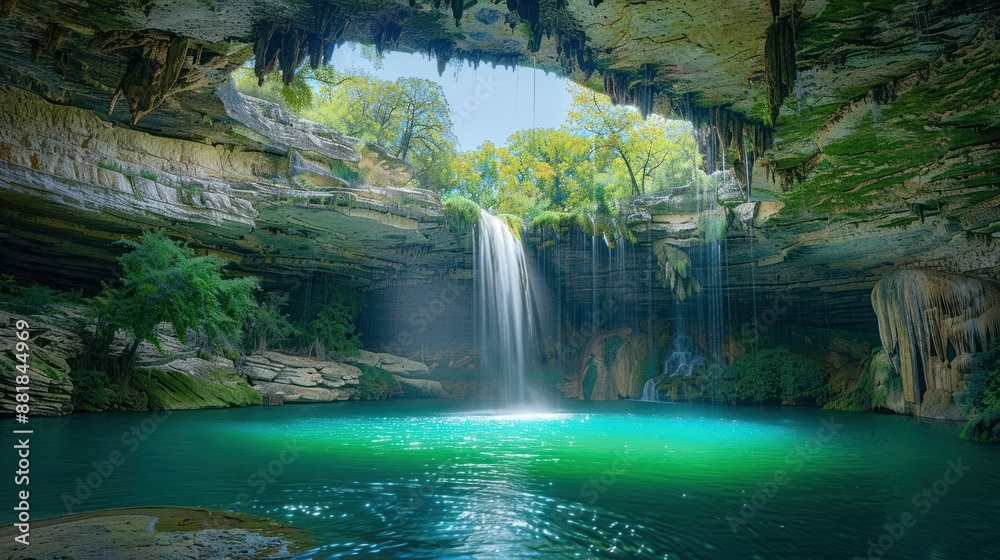 Water falling from the sky into an underground cave pool in Texas. A ...