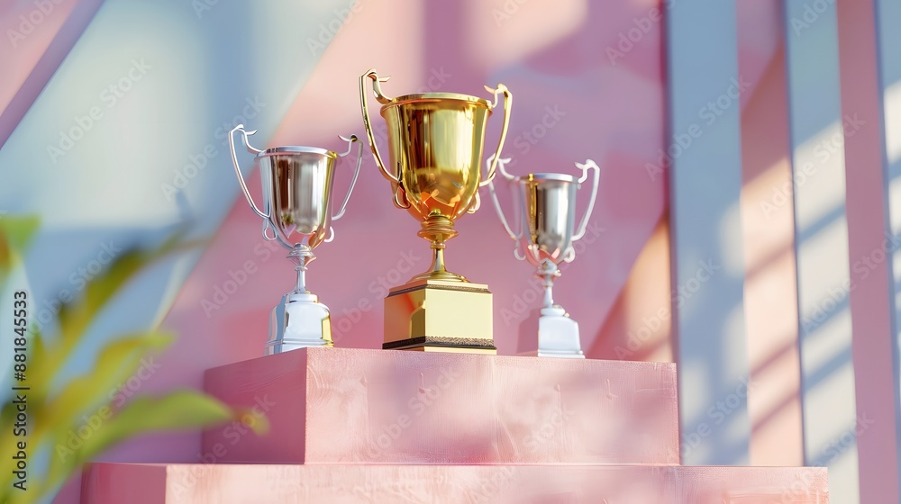 High-resolution image of a gold trophy placed on the highest step of a ...