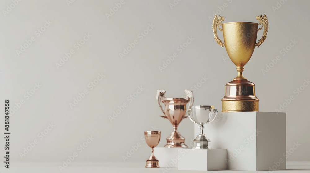 High-resolution image of a gold trophy on the highest step of a winner ...