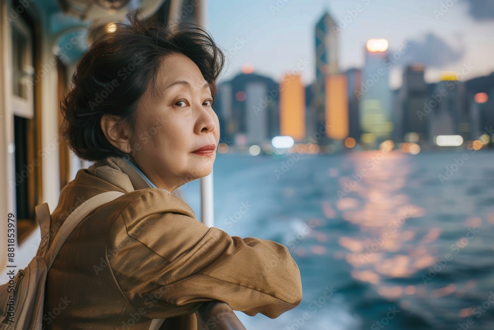 Asian Chinese mature woman in star ferry Stock Photo | Adobe Stock