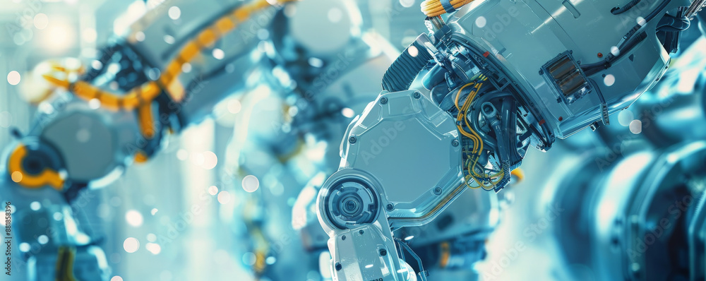 A high-tech mechanical background with robotic arms, servo motors, and ...