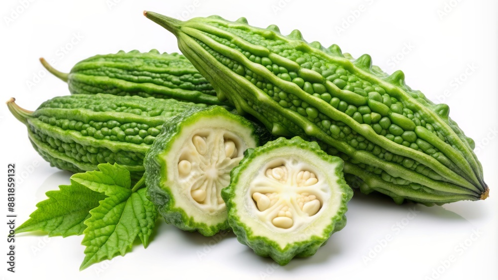 Fresh green bitter gourd Momordica charantia whole and cut with leaves ...