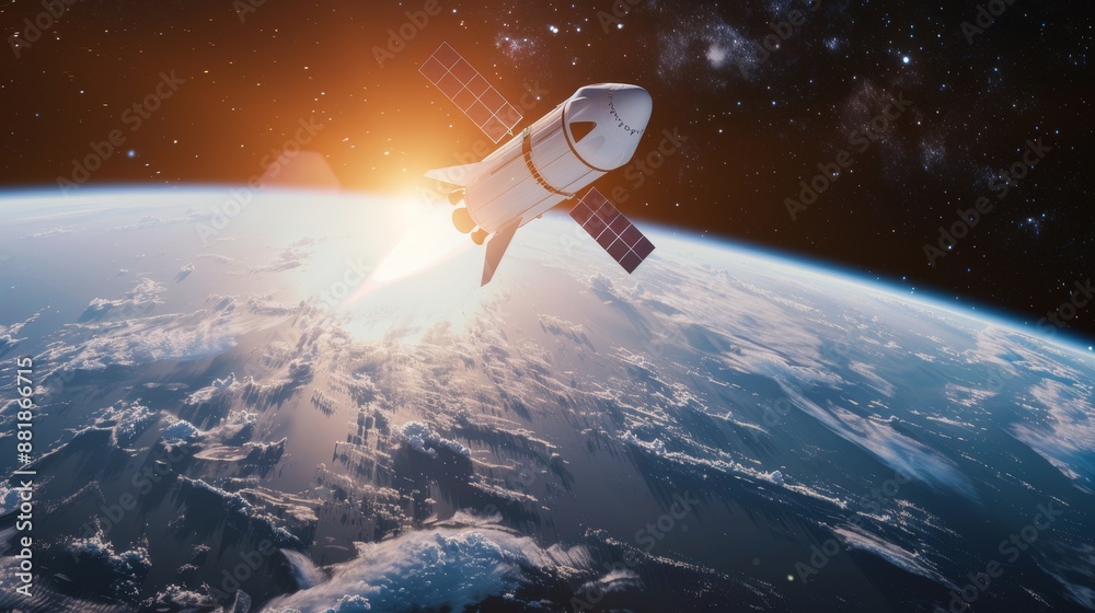 Prototype starship orbiting Earth alongside a satellite, impressive ...