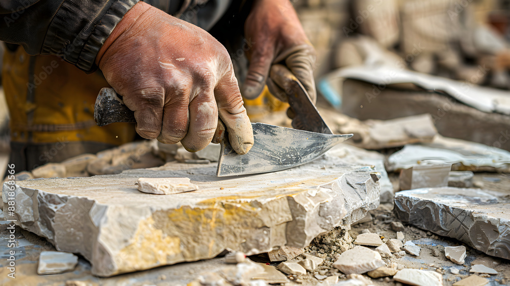 Craftsman carefully carving stone with chisel, precision and skill ...