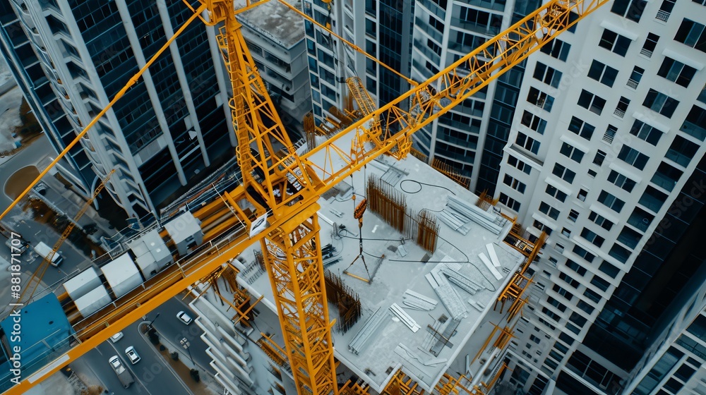 Large-scale construction project, cranes and machinery at work ...