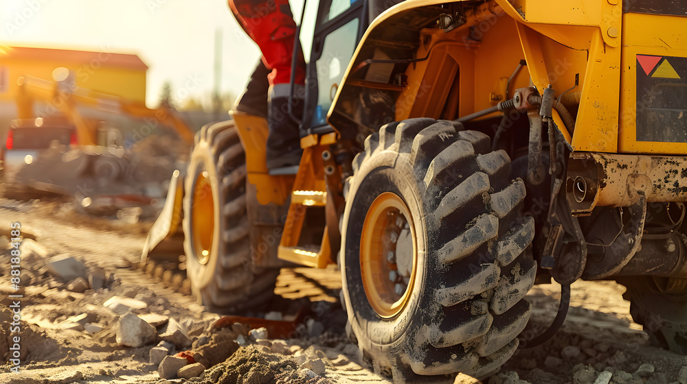 Construction worker operating a skid steer loader to transport ...