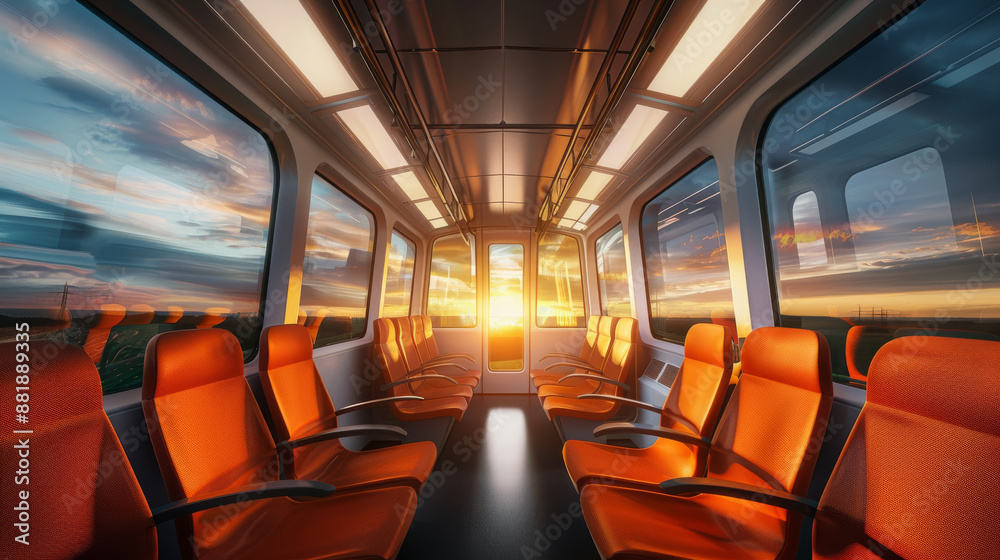 An empty train carriage bathes in the warm glow of a sunset ...