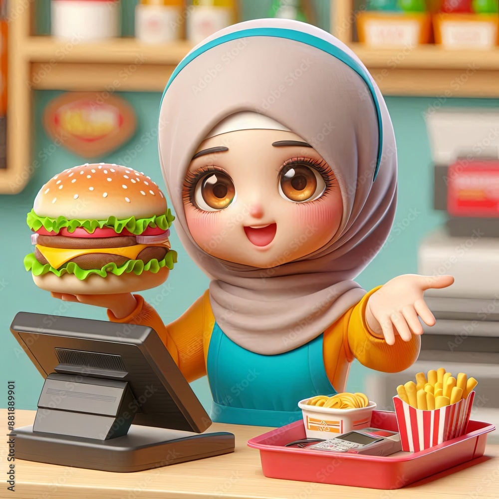 Cute Fast Food Cashier Girl Hijab With Burger And Cash Register Cartoon ...