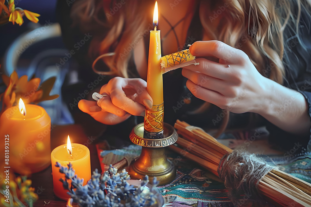 Wiccan witch carving symbols and sigils onto yellow gold color ...