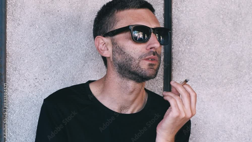 A man with short dark hair and a beard, smoking a cigarette and ...