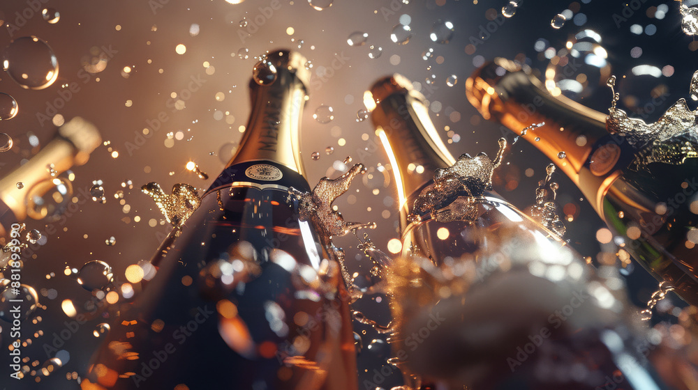 Champagne bottles uncorked with effervescent bubbles rising, capturing ...