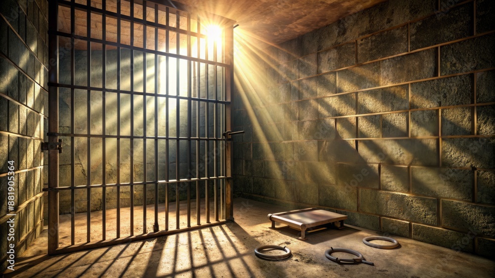 Empty prison cell with rusty iron bars, handcuffs lying on the floor ...