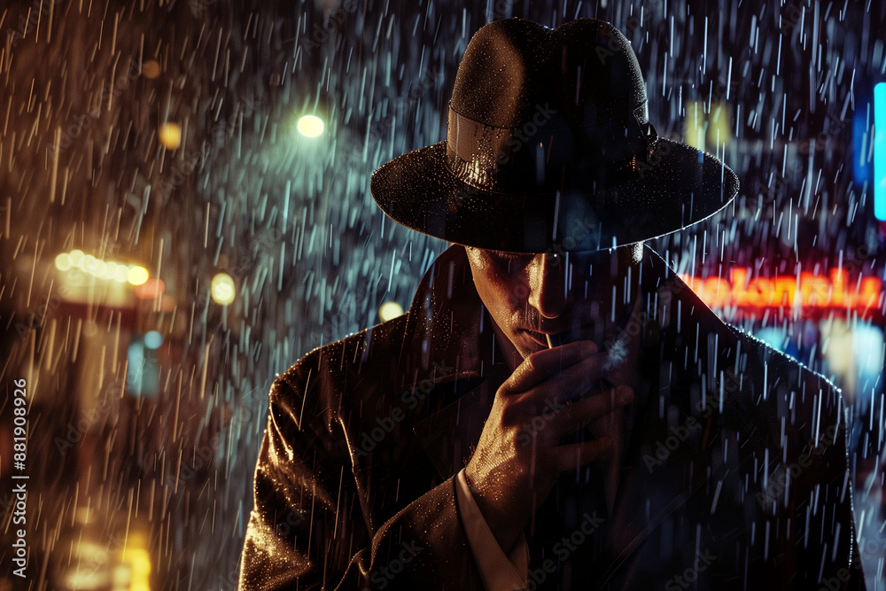 detective in an overcoat and fedora, holding his cigar under the ...