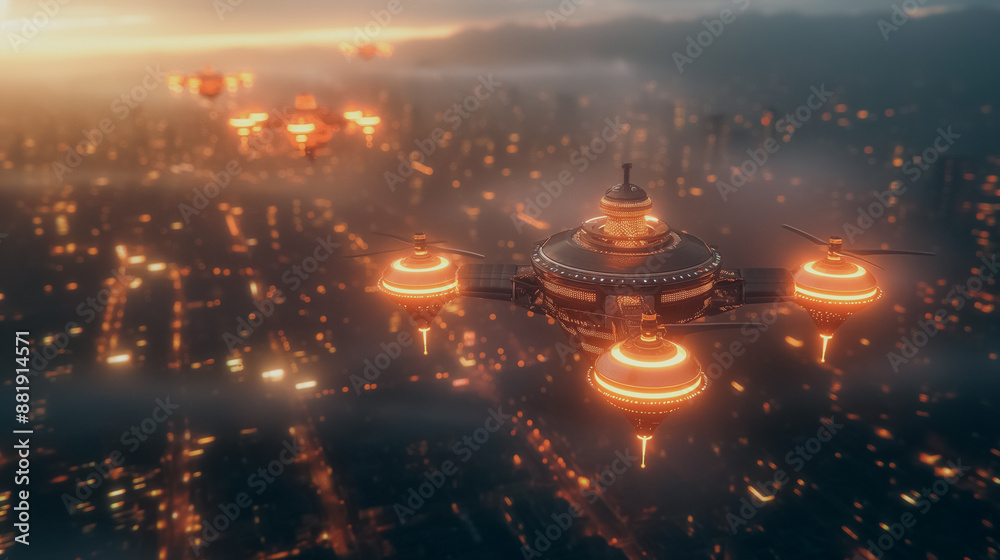 High-tech cityscape with drones flying autonomously to deliver packages ...