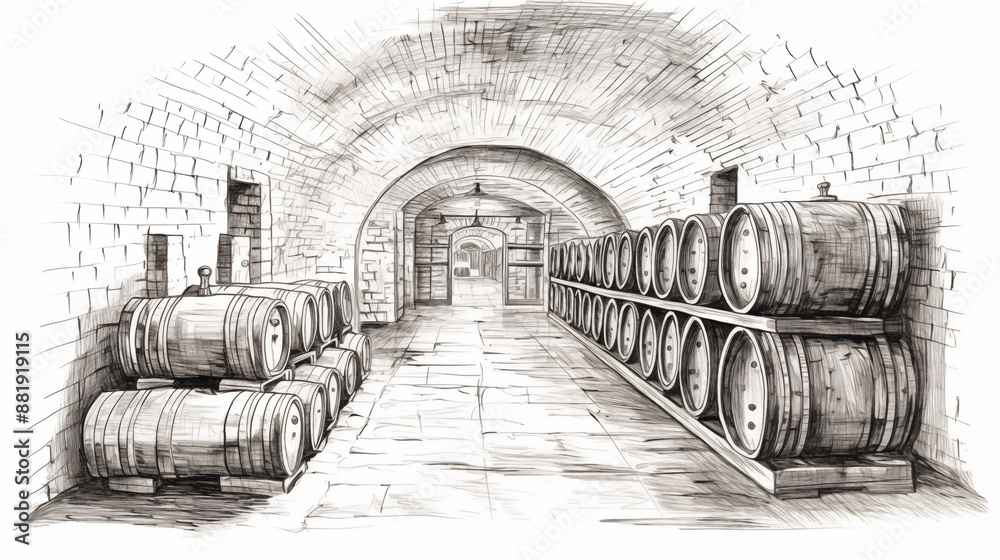 Wine cellar. Wine production in sketch style. Hand drawing. Black and ...