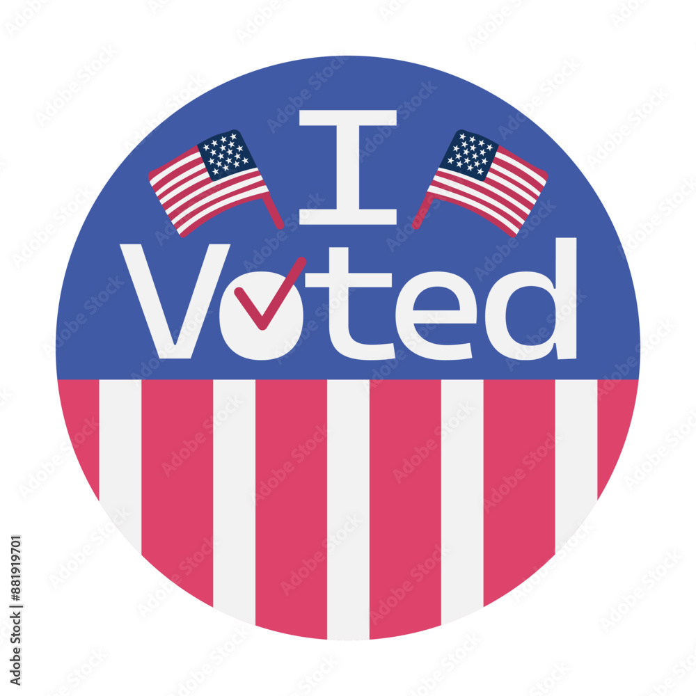 I Voted round sticker with USA flags and white stripes on red ...