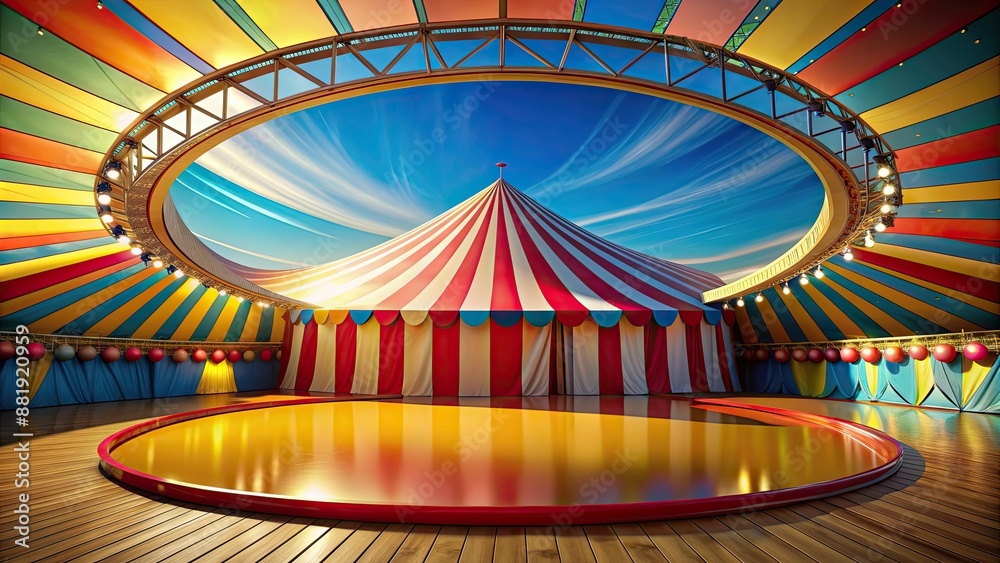 Round arena inside a carnival tent with colorful amusement show ...