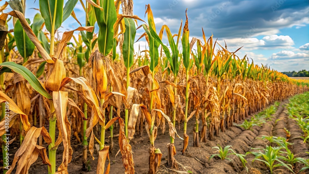 Wilting and dead corn plants in a field due to incorrect herbicide ...