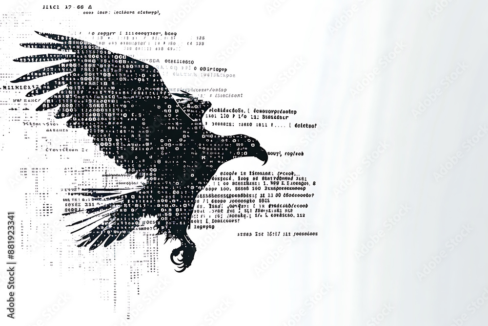 Eagle made from binary code on a white background in a wireframe plexus ...
