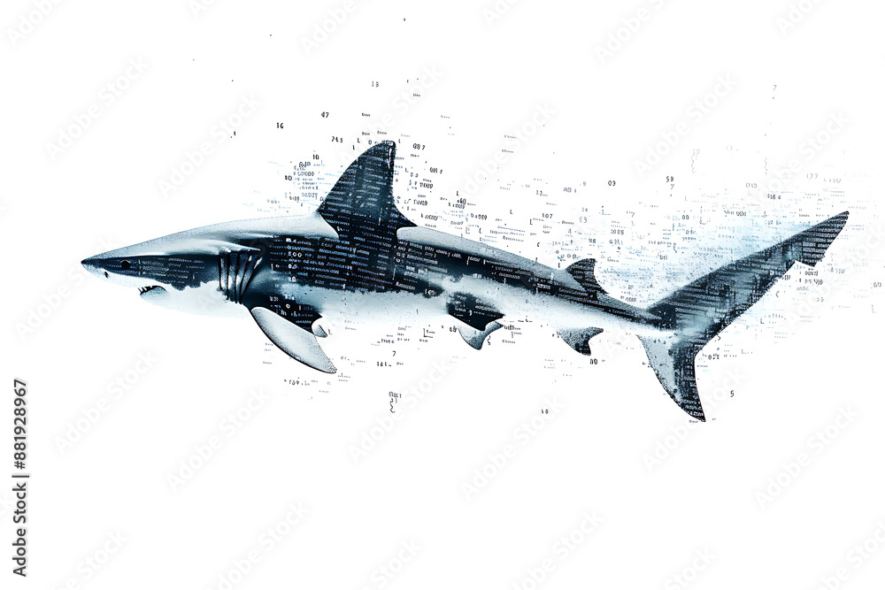 Shark made from binary code on a white background in a wireframe plexus style, combining ...