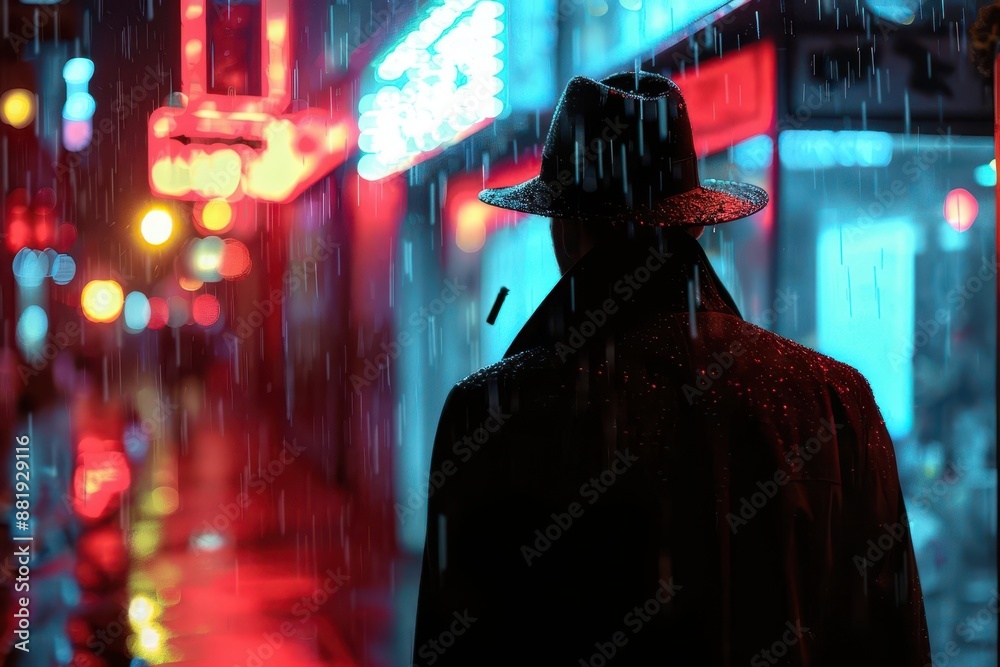 rainslicked streets reflect neon lights as a mysterious detective ...