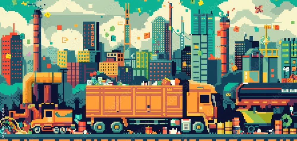 Abstract Colorful Pixel Art Illustrating Waste Management Practices ...