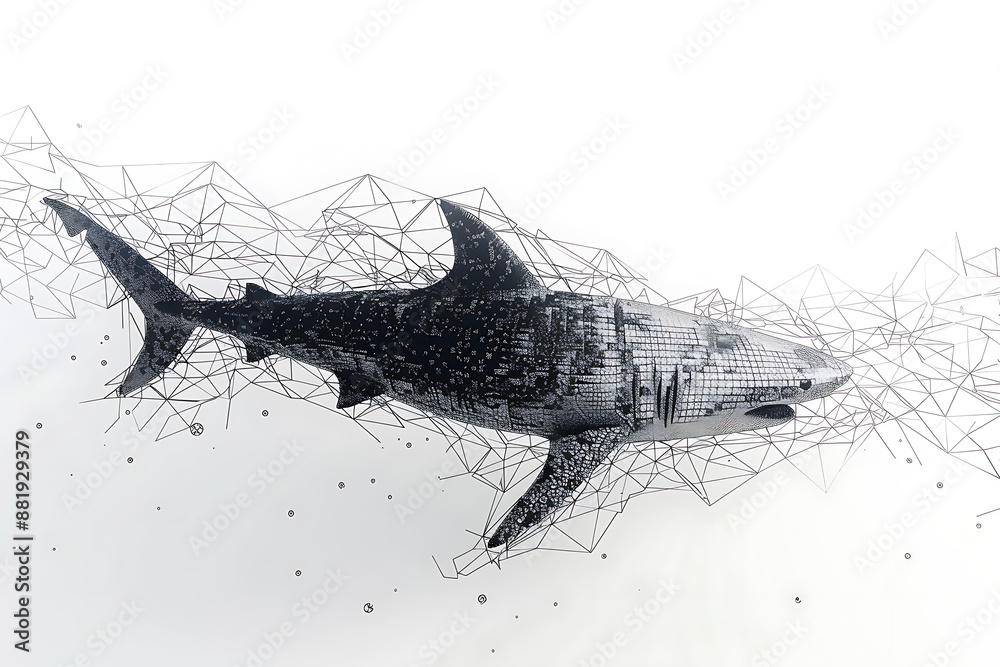 Shark made from binary code on a white background in a wireframe plexus style, combining ...