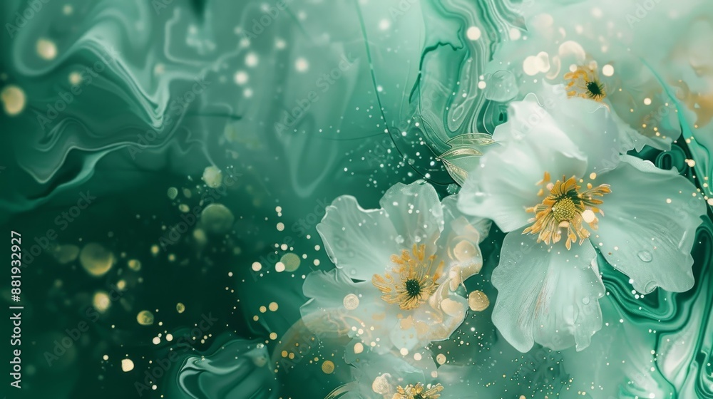 Abstract wallpaper with jade green golden yellow liquid shapes light ...