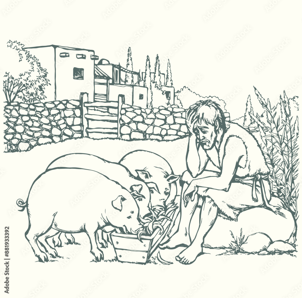 Vector drawing. A sad man and pigs Stock Vector | Adobe Stock