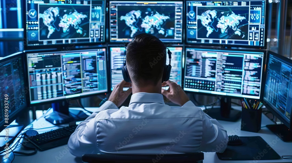 The Hacker's Back, Man Sitting at a Desk with Multiple Monitors Displaying World Maps and Code ...