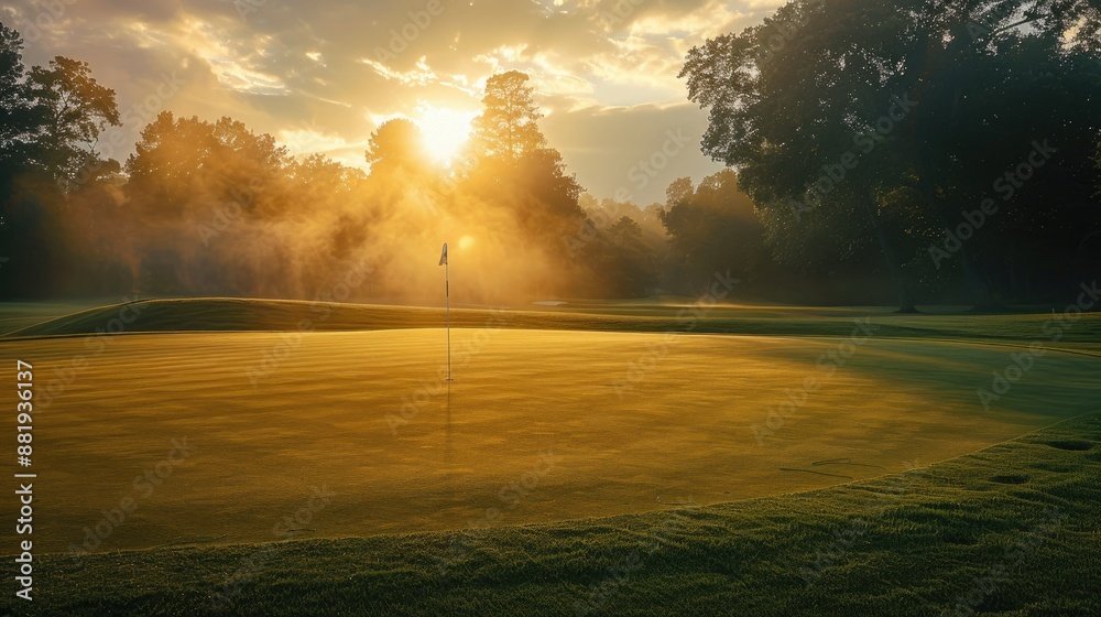 Teeing ground on a golf course at dawn, with the sun rising and casting ...