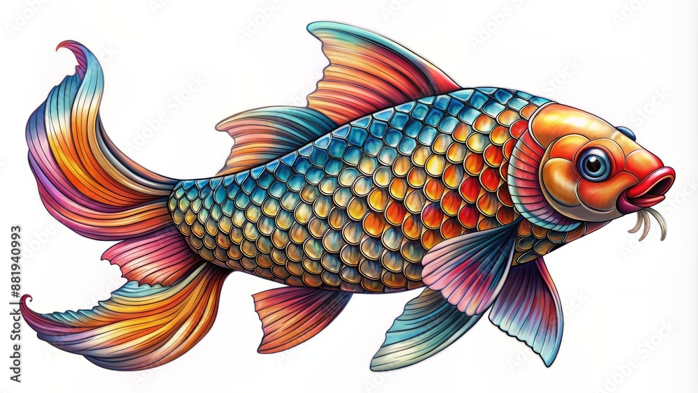 Vibrant colorful koi fish design sketch with intricate scales and ...