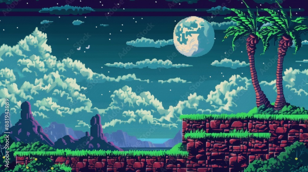 video game, platformer game screen, in the 1980s 16-bit art style Stock ...