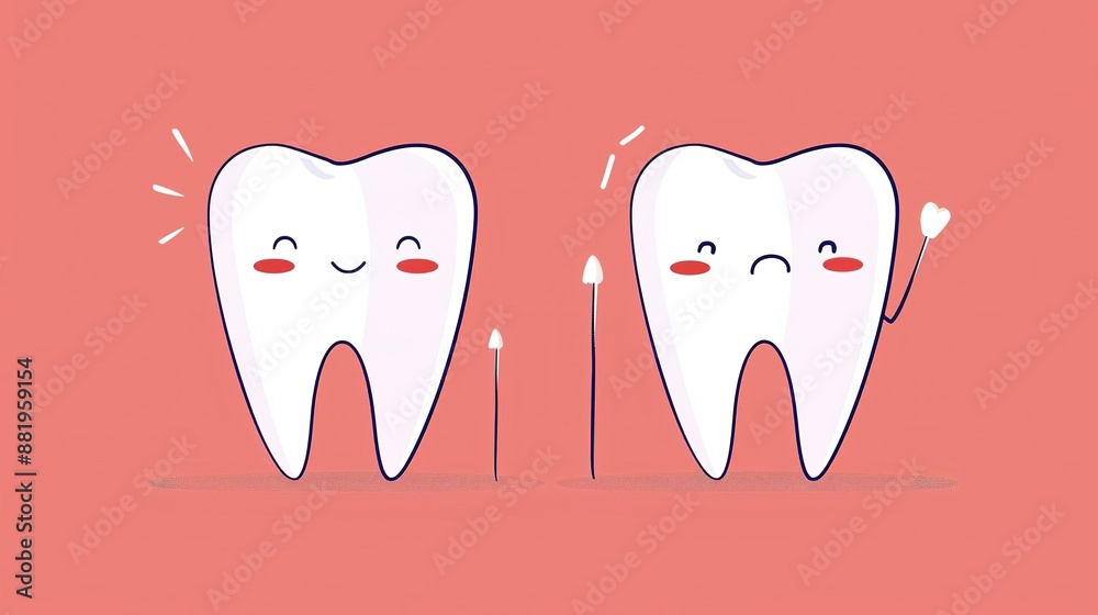 Cartoon illustration of a happy and a sad tooth. The happy tooth is ...