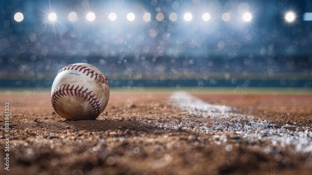 Baseball lying on a dusty pitcher's mound, with the baseball diamond ...