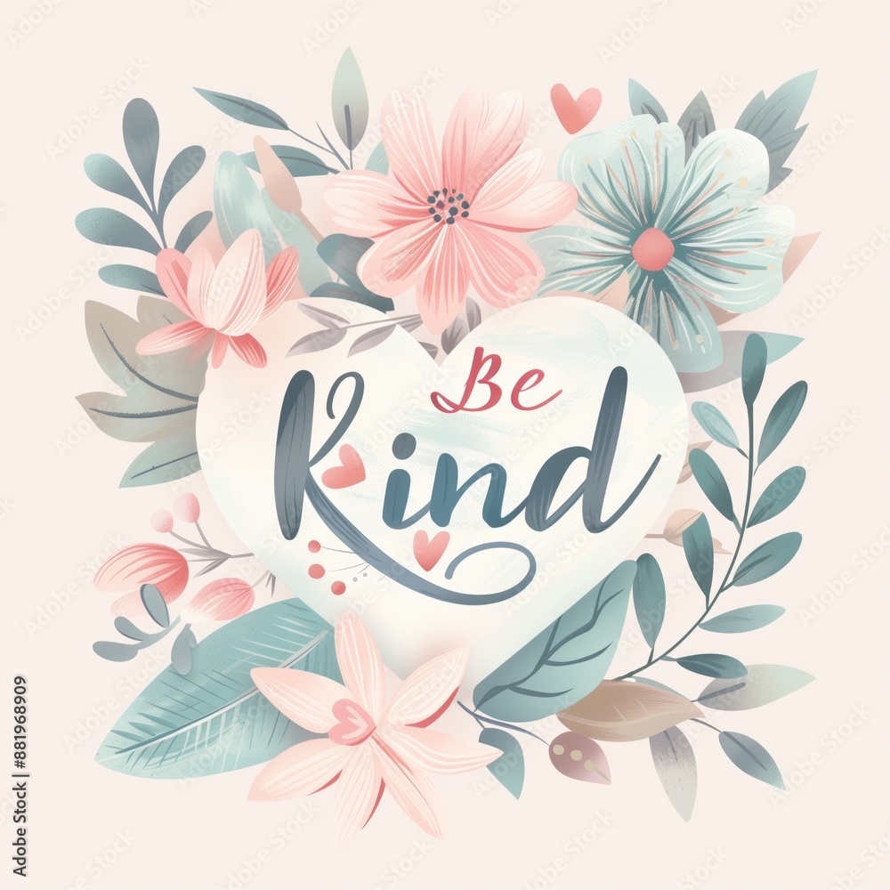Be Kind quote surrounded by pastel flowers and leaves on a light ...