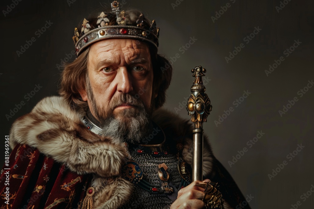 Enigmatic portrait of a medieval king wearing a crown and holding a ...