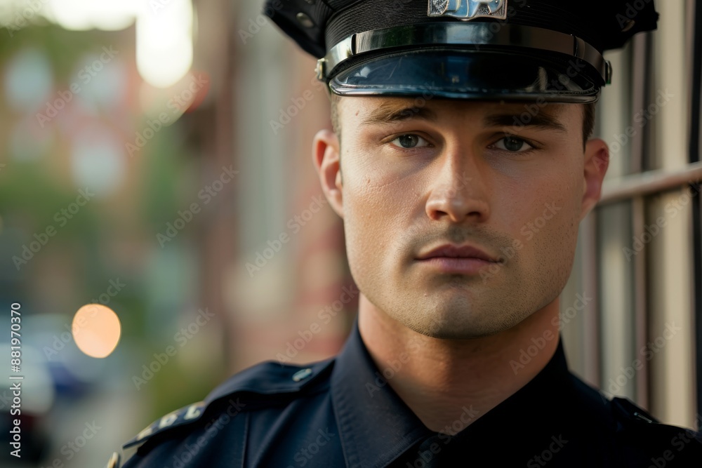 A serious-looking police officer posing in their full uniform, complete ...