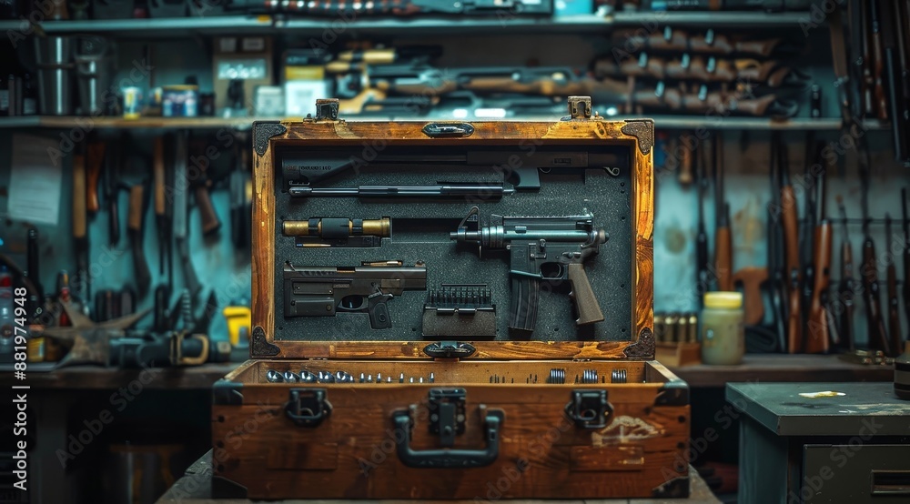 A cinematic photo of an open wooden tool box on a table in front ...