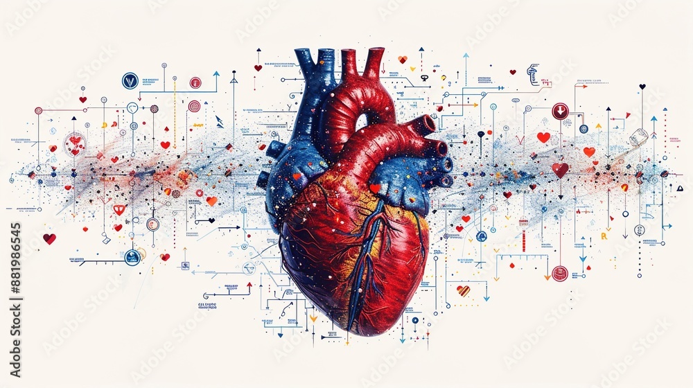 2d illustration sketch of a human heart with medical symbol and ...