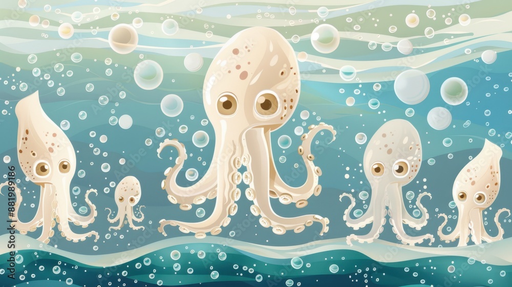 Whimsical underwater scene featuring various sizes of cartoon-style ...