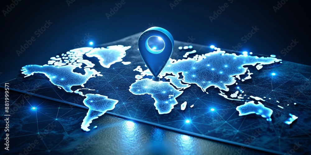 3D Render of a Blue Glowing World Map with a Pin, Global Connectivity ...