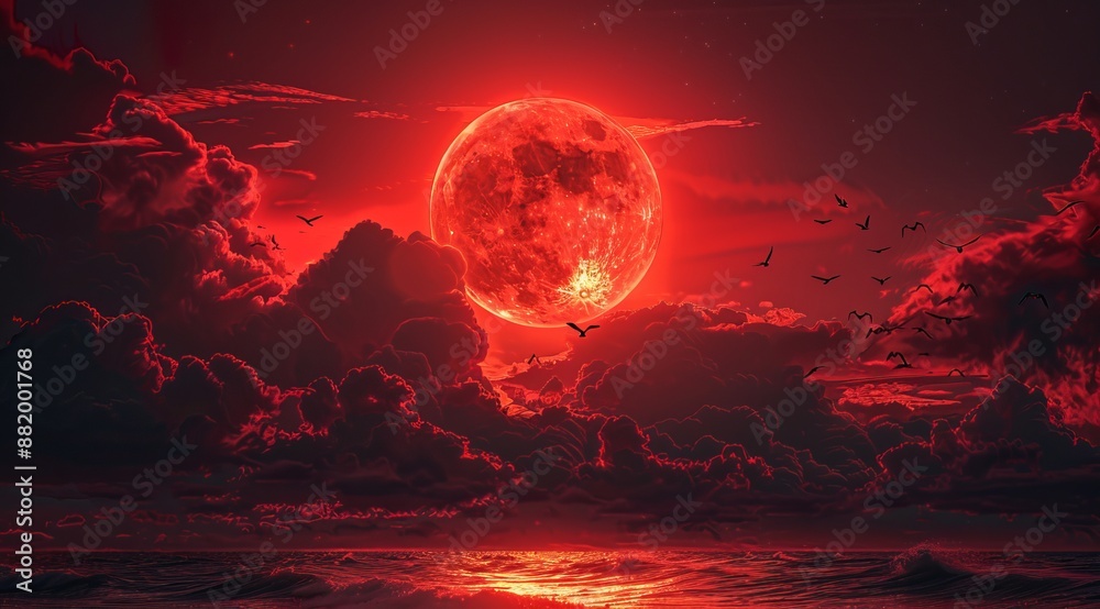 Dramatic blood moon rising over the ocean at night, casting a red glow ...