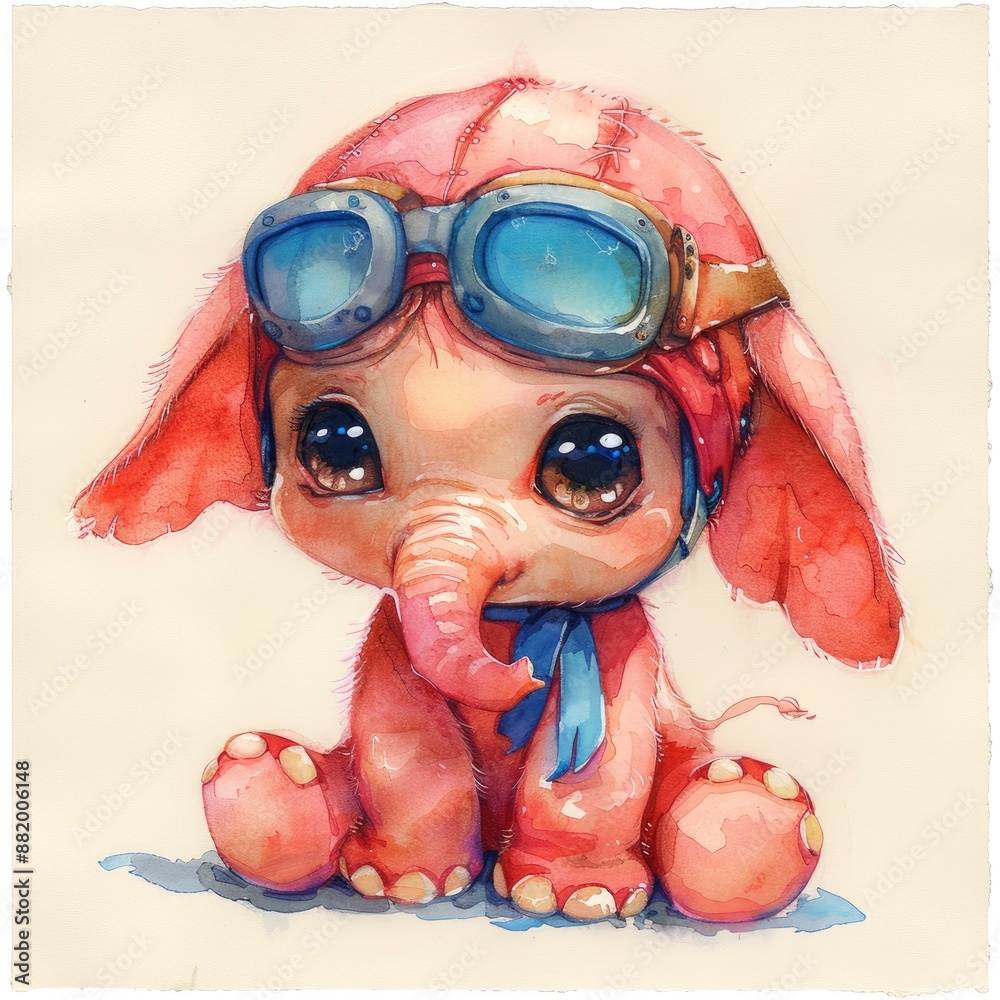 happy baby elephant wearing flying goggles and helmet, simple, outlines ...