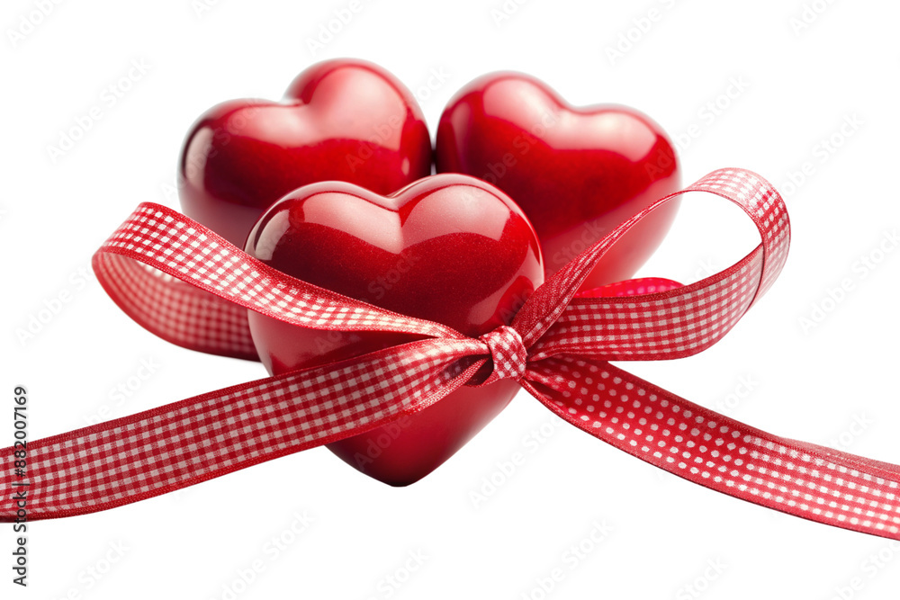 Three red heart-shaped objects wrapped with red white gingham ribbon on ...