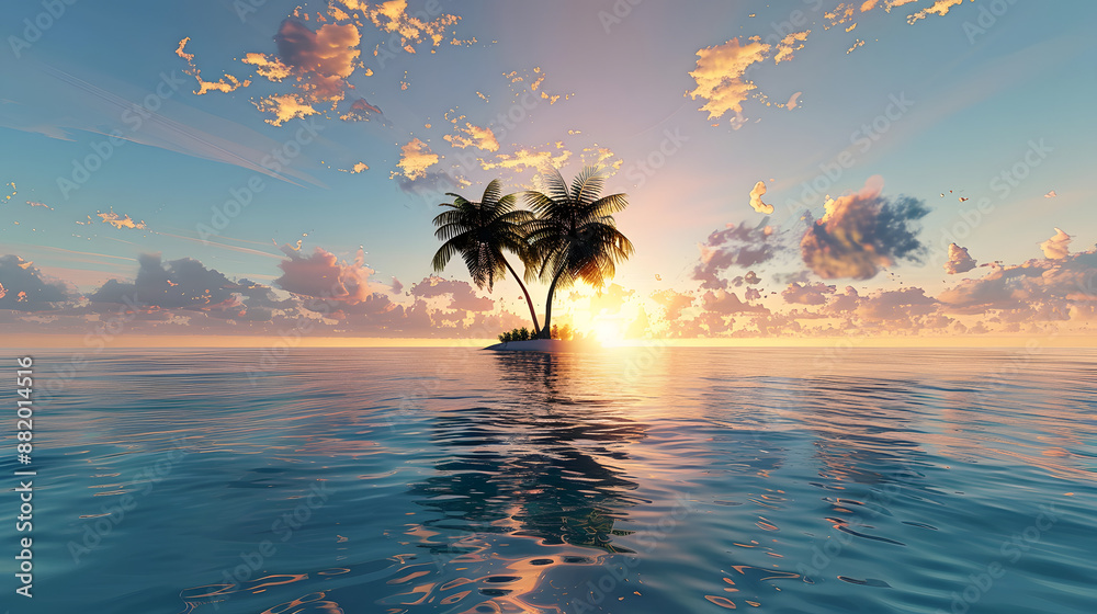 Tropical island with a palm tree at sunset. HDRI, environment map ...