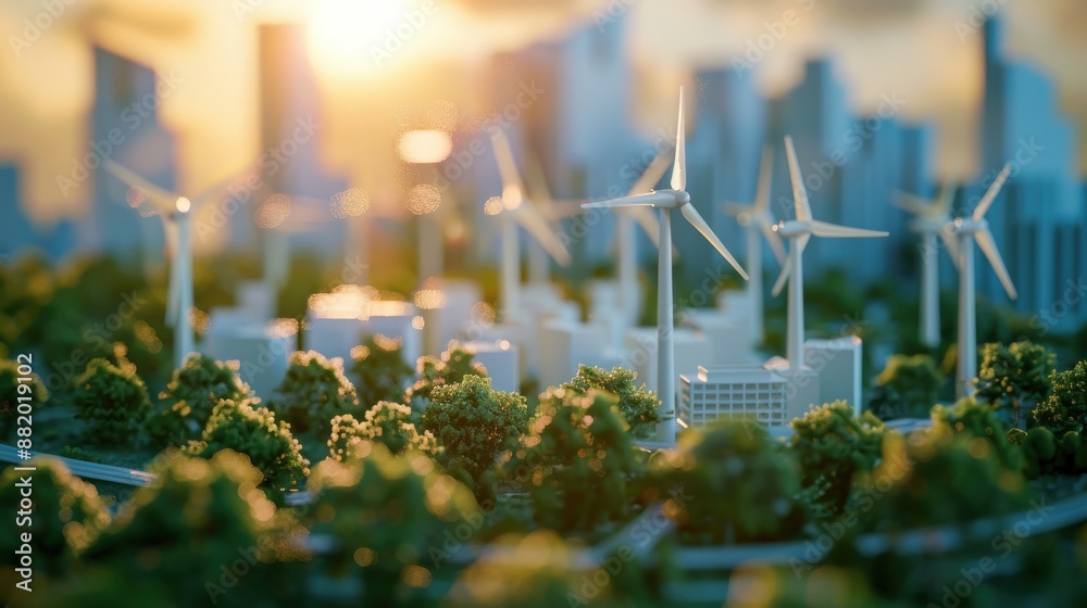 models of turbines, solar panels, and clean energy, discussing a clean ...