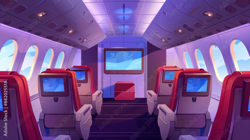 cartoon of the inside of a VIP plane with comfortable seats and big TV ...